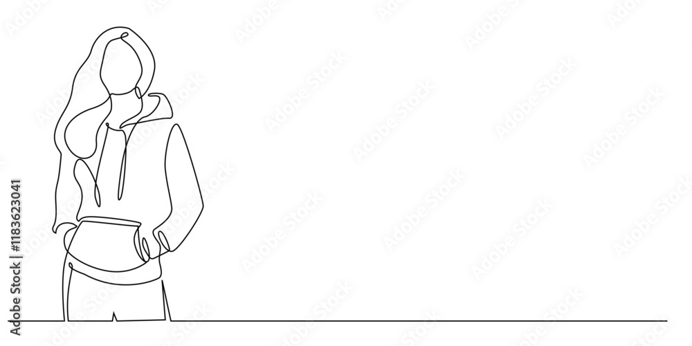 continuous line drawing of woman wearing hoodie jacket.one line drawing ...