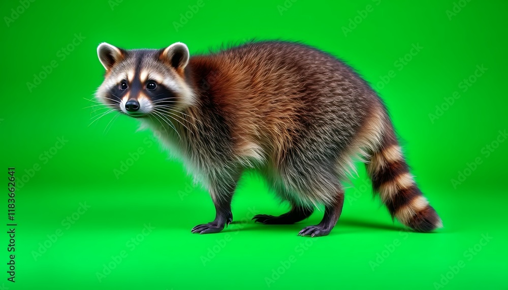 Closeup portrait of a raccoon on a green screen background. The raccoon ...