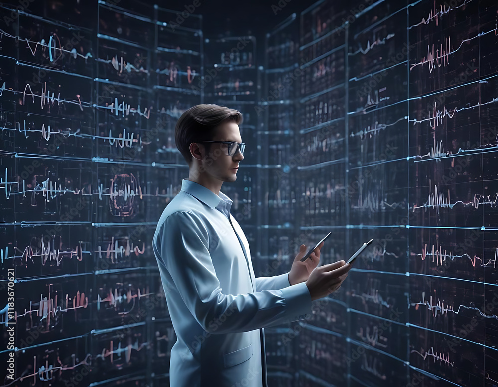 Data scientists analyze and visualize massive data on virtual screens ...