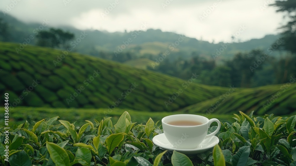 Bold black tea in a white porcelain cup, blurred tea plantations on ...