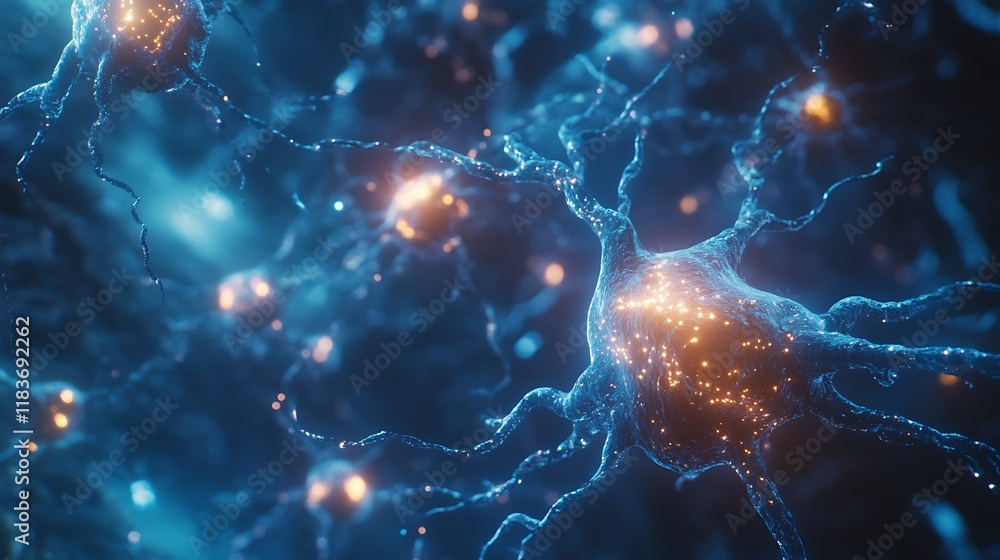 A close-up of neurons, each with glowing rims and white structures ...