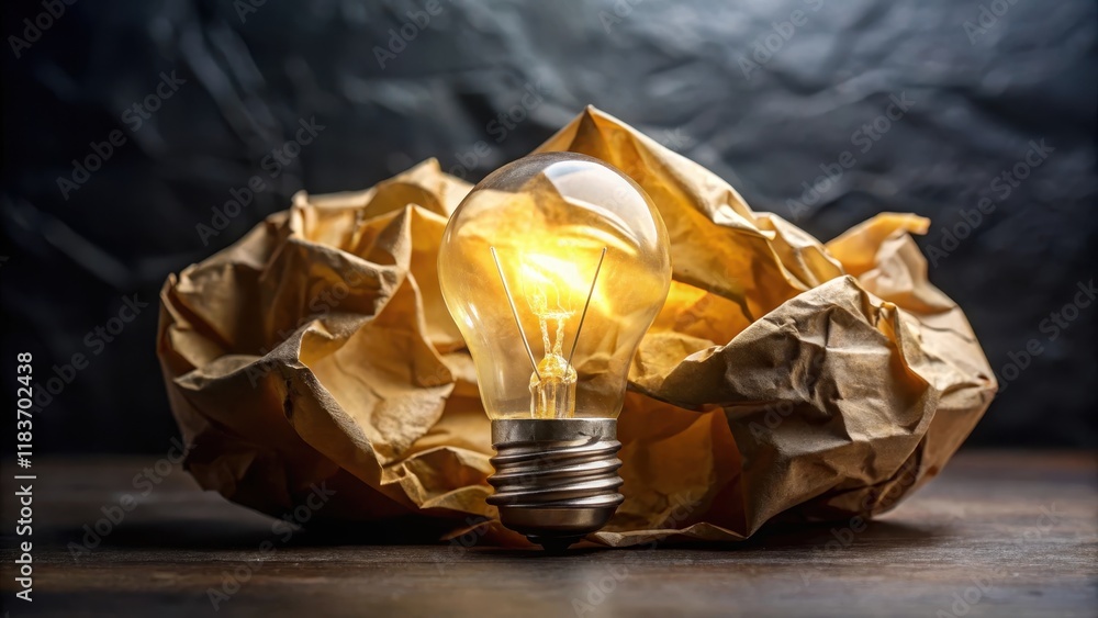 Crumpled yellow paper light bulb with filament exposed on dark ...