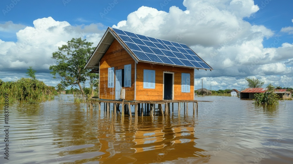 Solar-powered home on stilts amidst calm but rising floodwaters, under ...