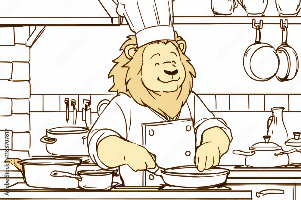 lion chef joyfully cooking in kitchen, wearing tall white hat Stock ...