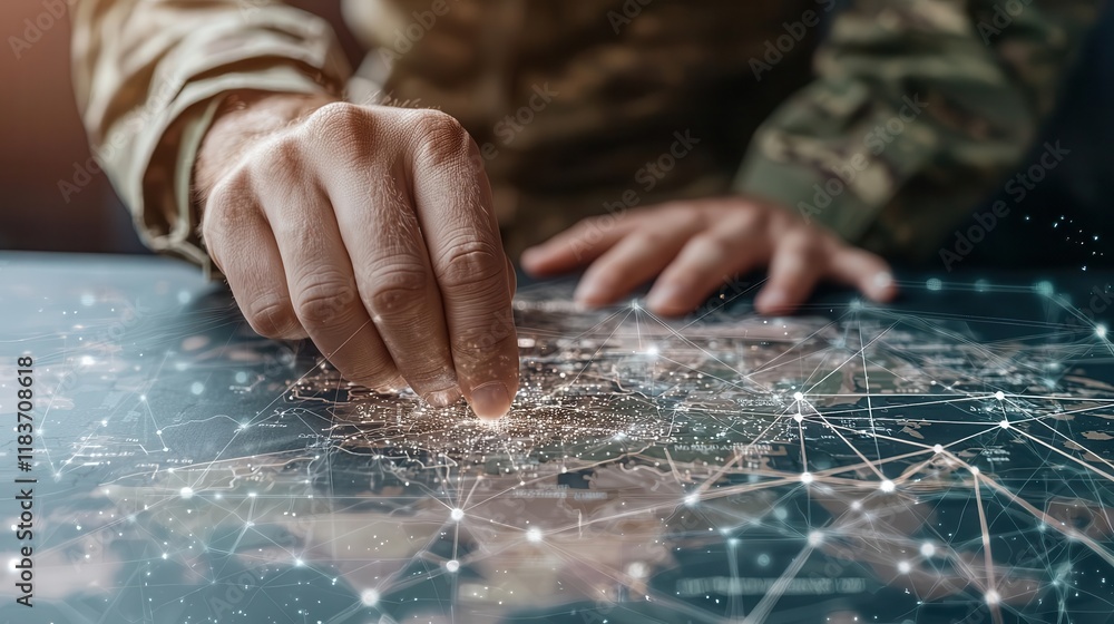 Military officer strategizing on a digital battlefield map ...