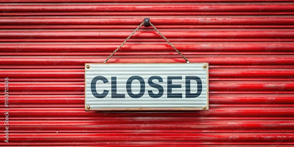 Closed sign on a metal door with a red background and white text , out ...