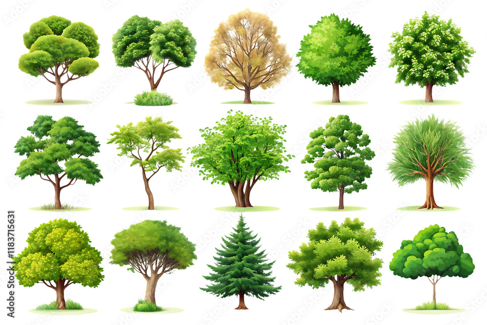Collection of trees with different shapes and sizes. On transparent ...