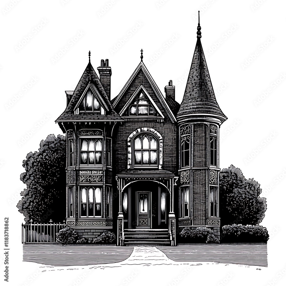 Victorian House Illustration, Detailed Drawing, Architectural Design ...