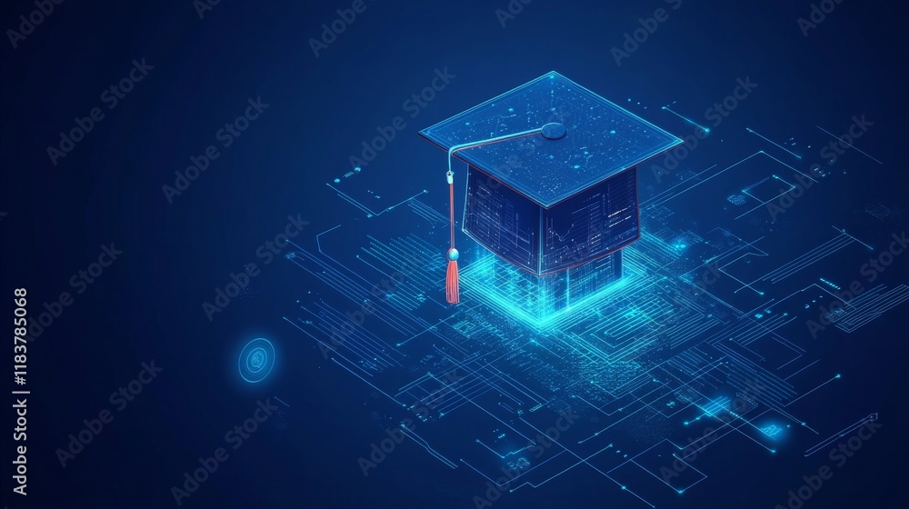 Isometric graduation cap, digital interface elements, technological ...