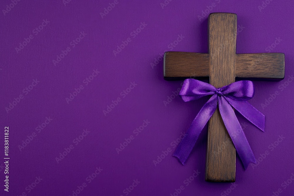 Christian religious wooden cross crucifix with violet ribbon on purple ...