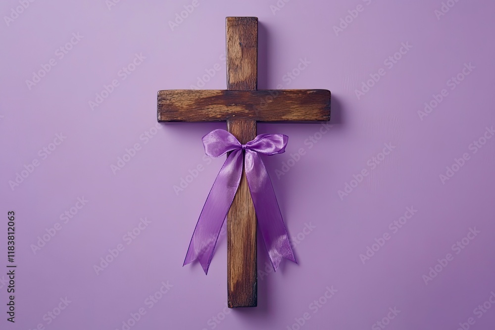 Christian religious wooden cross crucifix with violet ribbon on purple ...