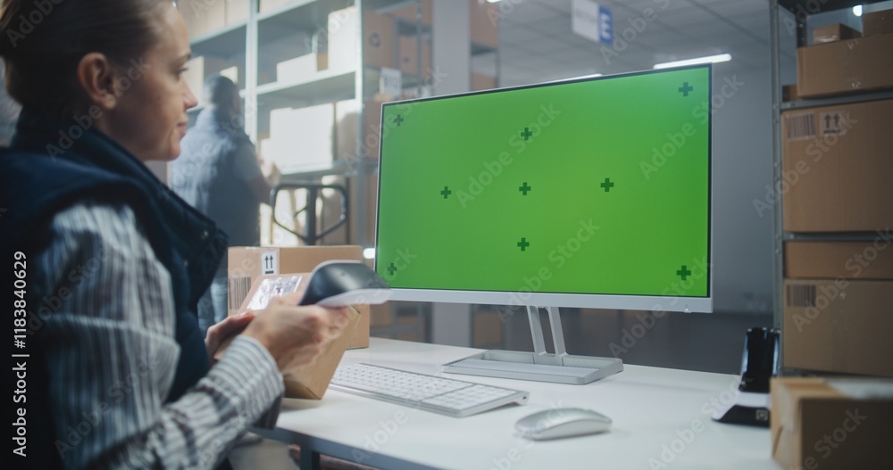 Foto Female Warehouse Associate Scans Code on Cardboard Box with ...