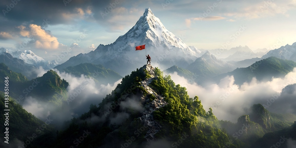 Intrepid adventurer ascending a treacherous serpentine mountain path ...