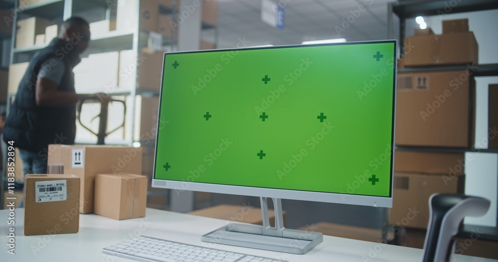 Logistics Facility: Computer Screen Shows Green Screen Chroma Key ...