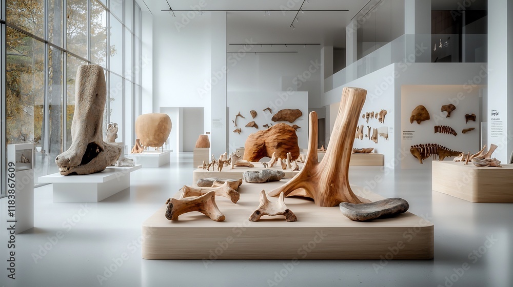 Meticulously displayed fossilized prehistoric dinosaur skeletal remains ...