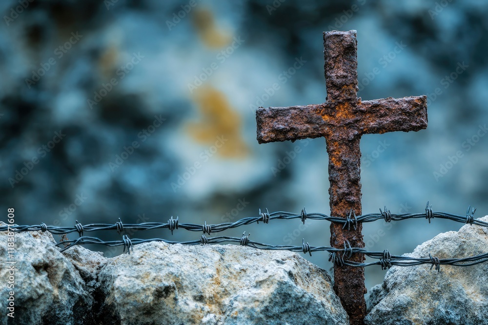 Cross of jesus christ break barrier wire on calvary sunday background ...