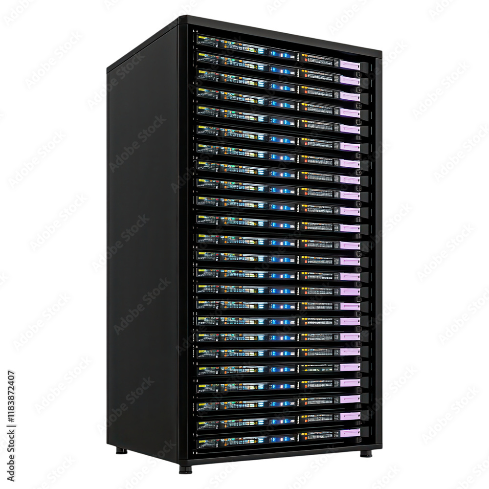 A tall server rack filled with multiple rows of data storage units, featuring colorful indicator ...