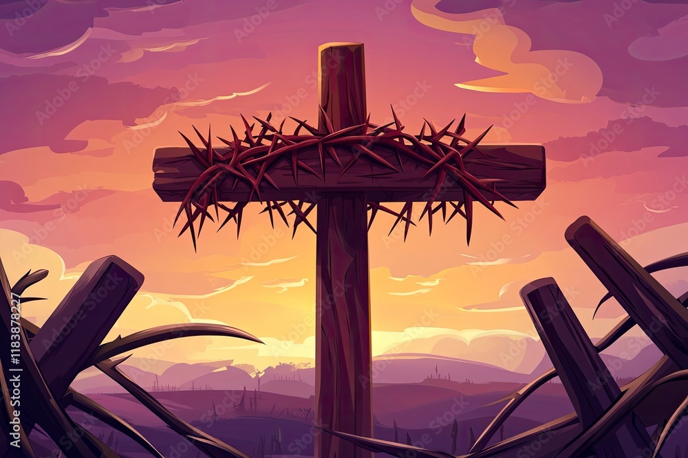 Cross with crown of thorns and nails. Easter Sunday or Good Friday ...