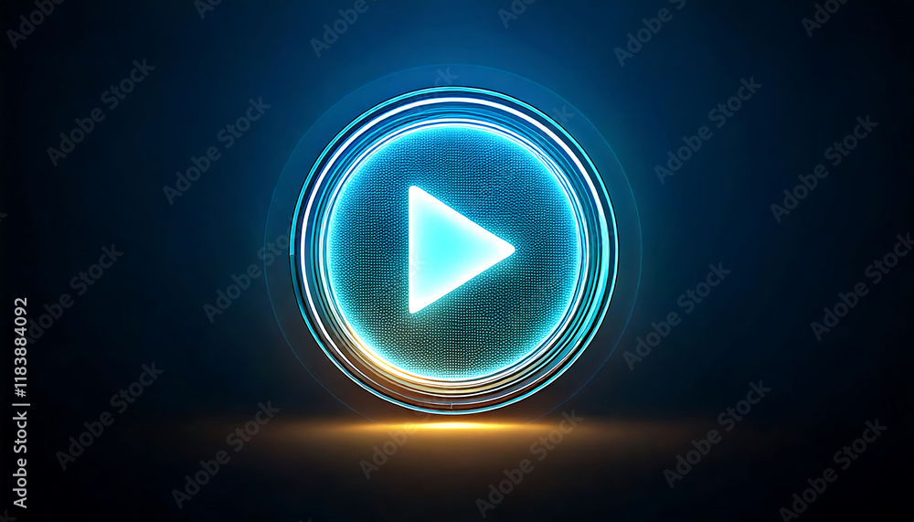Stunning futuristic play button graphic. Glowing cyan and gold design ...