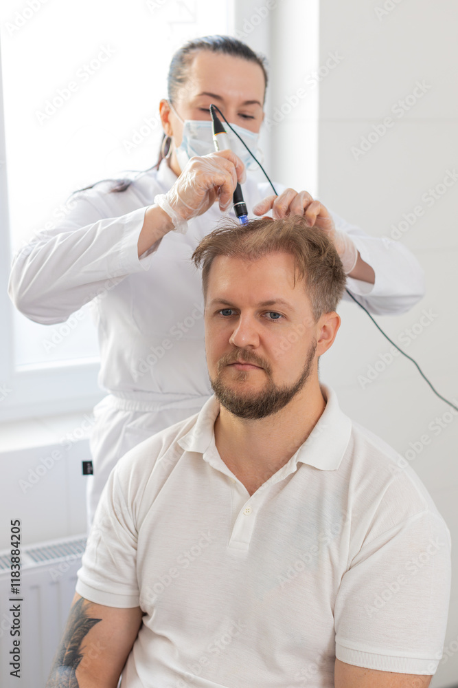 Alopecia. Man hair loss improve growth treatment regeneration, dermapen ...