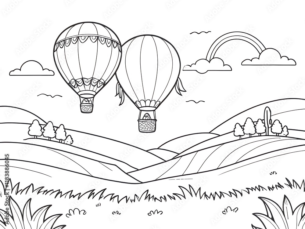 Two Hot Air Balloons Soaring Over Rolling Hills: A Coloring Page ...