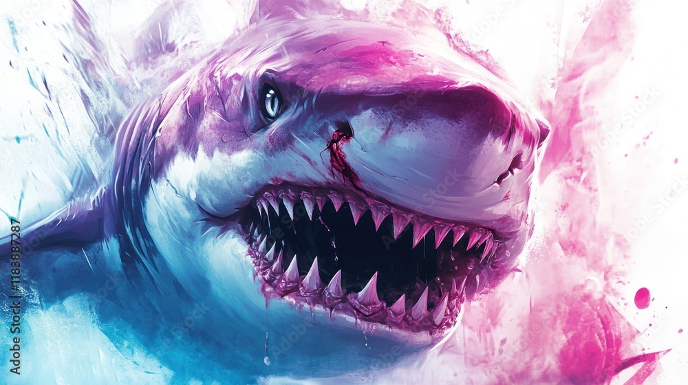 The aggressive great white shark, with its vibrant colors and bloody ...