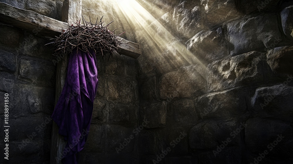 Crown Of Thorns And Purple Robe Hanging On Nail In Stone Wall With ...