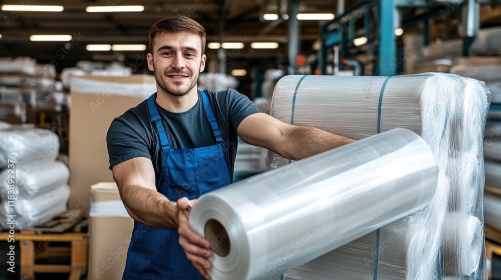 Factory worker manages large roll of stretch film on packaging line ...