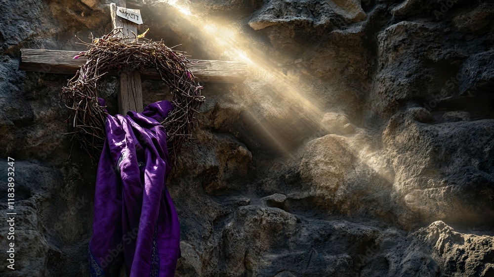 Crown Of Thorns And Purple Robe Hanging On Nail In Stone Wall With ...