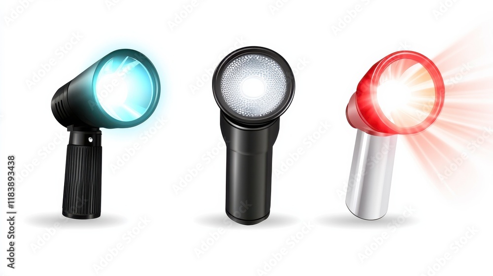 Flashlight, portable spotlight and torch with lighting ray. Different ...