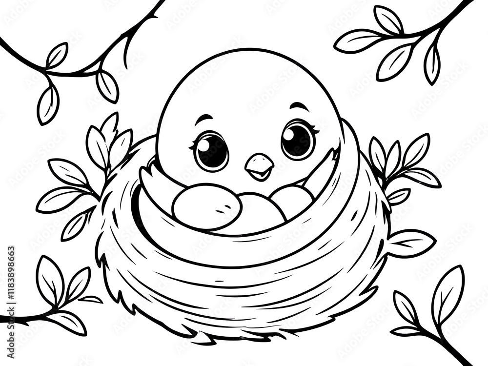 Adorable Baby Bird in Nest Coloring Page Stock Illustration | Adobe Stock