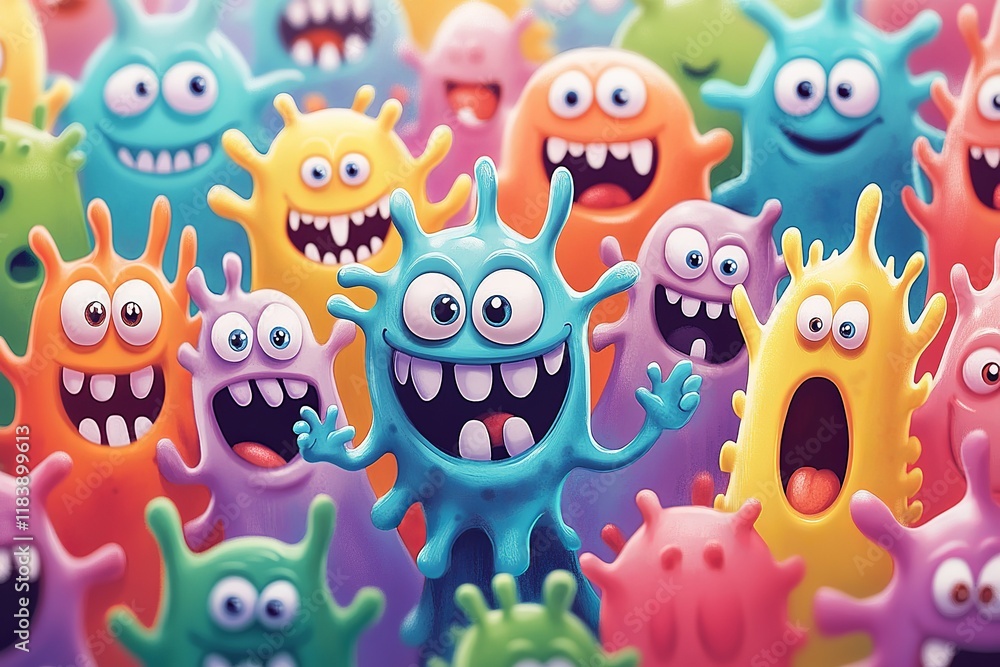 Set of cartoon monsters. Funny smiling germs. Character with big eyes ...