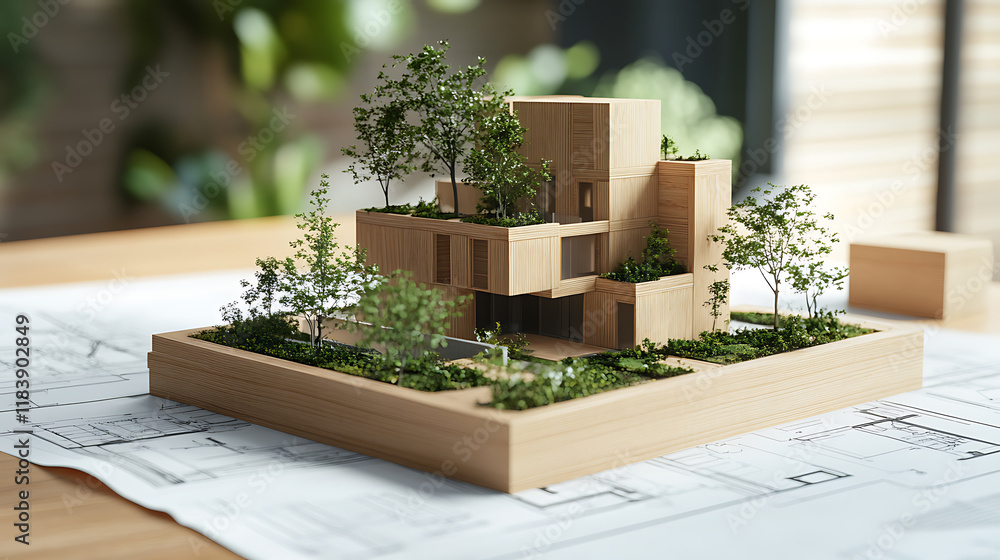 3d model of a contemporary, authentic building block mock-up with a ...