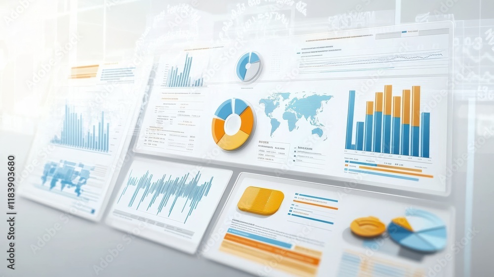 Infographic dashboard. Ui interface, information panel with finance graphs, pie chart and ...