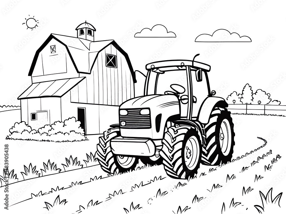 Farm Tractor Coloring Page: A Rural Scene with a Modern Tractor and ...
