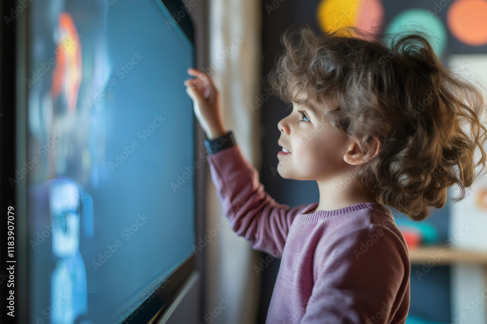 Curious preschooler engaging with interactive whiteboard, exploring ...