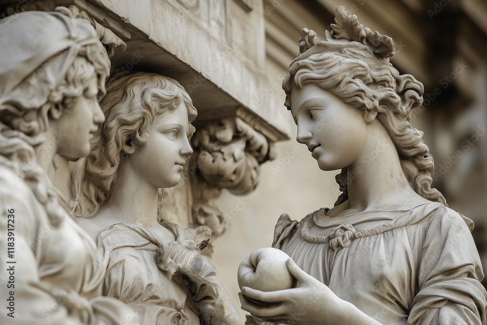 Marble statues of goddesses: Hera, Athena and Aphrodite. The dispute ...