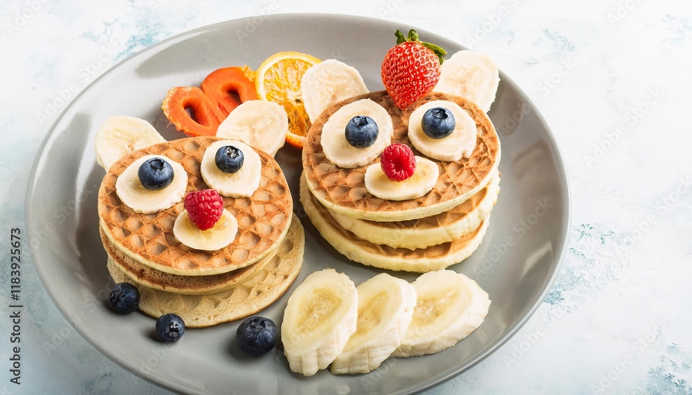 Funny breakfast for children with waffles arranged as animal faces and ...
