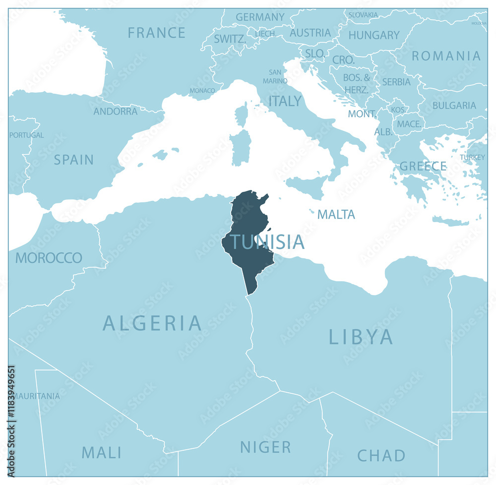 Tunisia - blue map with neighboring countries and country names. Vector ...