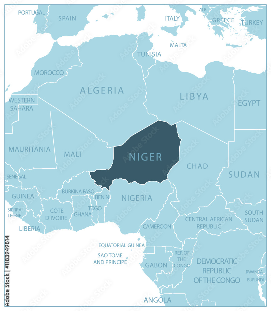 Niger - blue map with neighboring countries and names. Vector ...