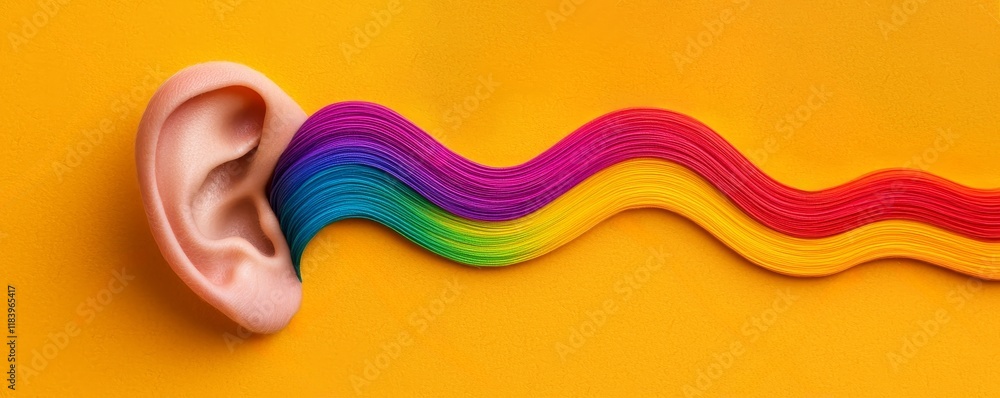 Active listening skills concept. Colorful sound waves emerge from a ...