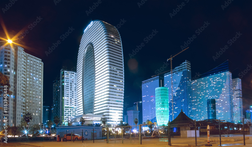 Batumi, Georgia - January 2, 2025. Night view of the Courtyard Marriott ...