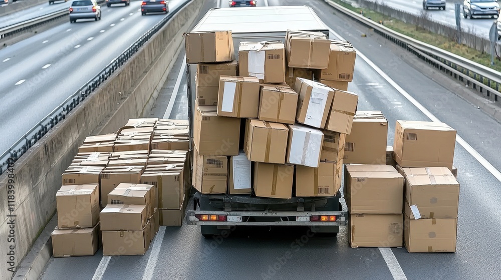 Delivery Truck Overloaded with Boxes on Busy Highway During Daylight ...