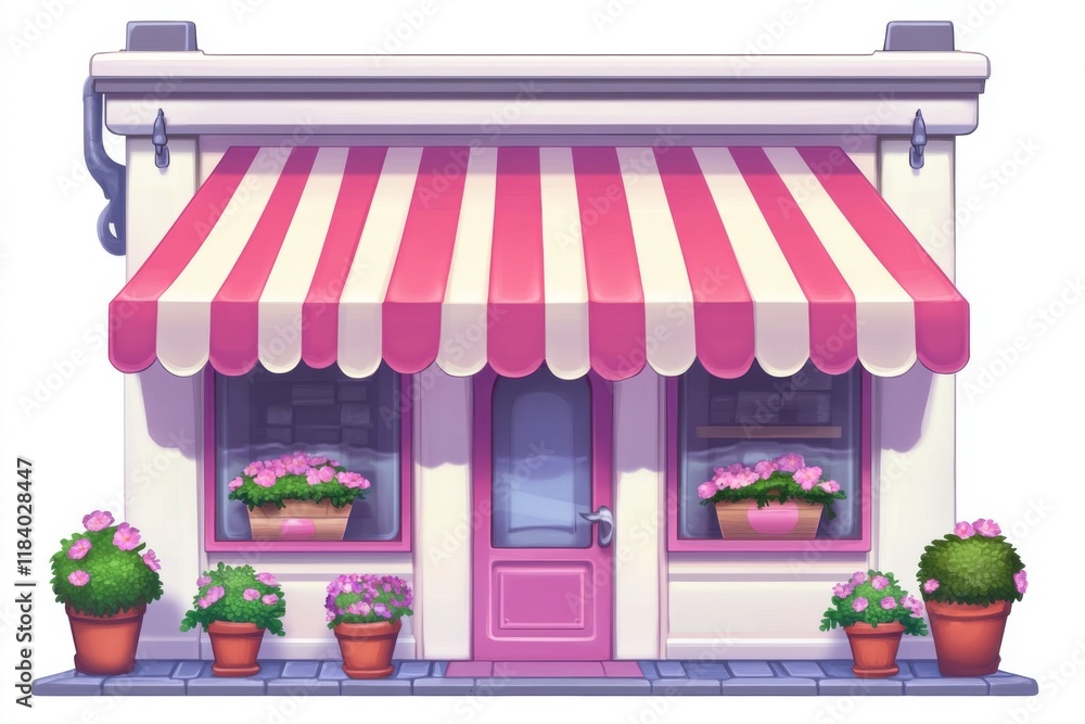 Cute cartoon storefront icon with pink awning and striped canopy ...