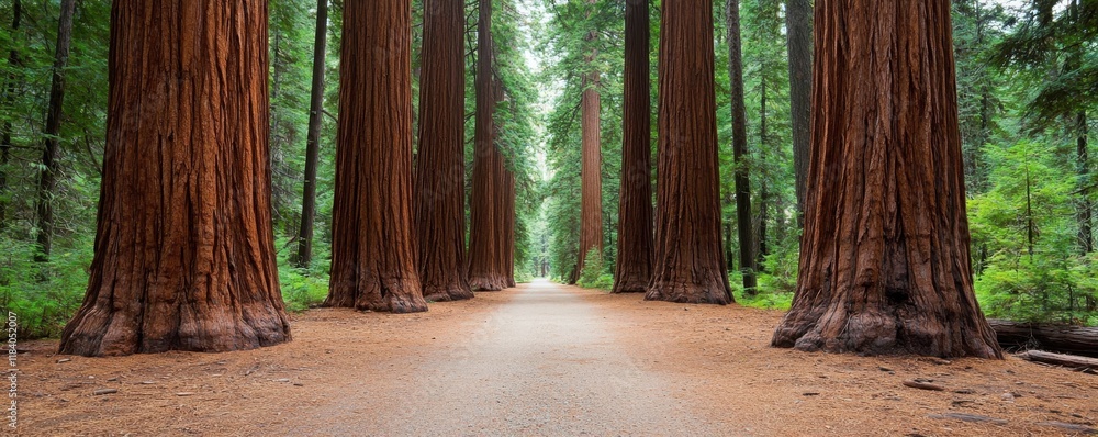 System Steps Methodology section.. Majestic redwood forest path lined ...