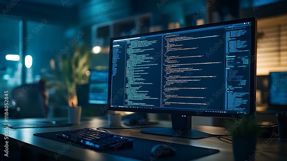 An advanced computer setup with multiple monitors displaying complex ...