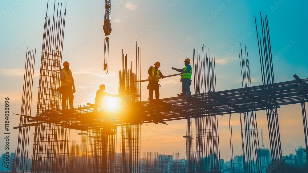 Construction team working at height during sunset, showcasing teamwork ...