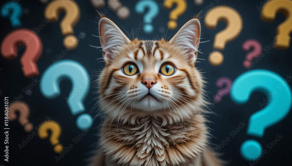 confused cat surrounded by colorful question marks against a dark ...