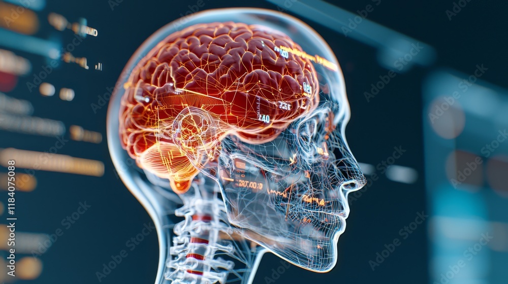 Ilustración de Stock 3D visualization of human brain and nervous system anatomy with glowing ...
