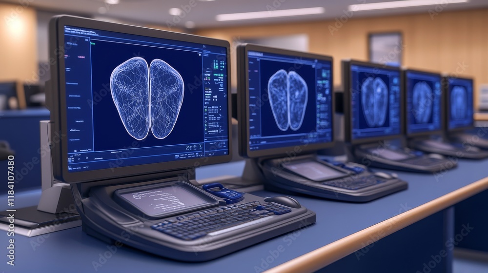 Medical imaging workstation displaying advanced 3D brain scans with ...